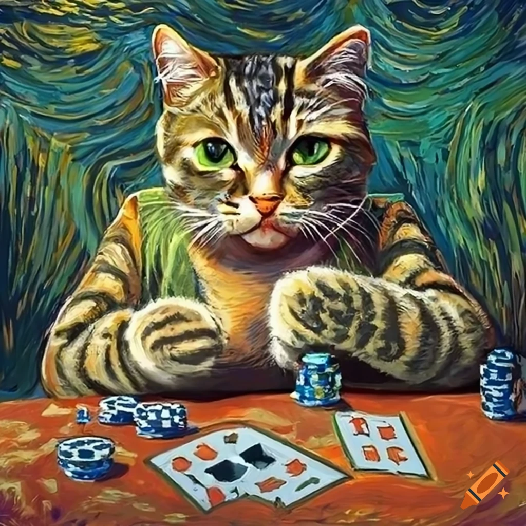 Realistic cat playing poker in van gogh style