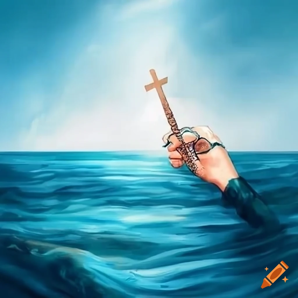 Symbolic image of a cross rising from the sea on Craiyon