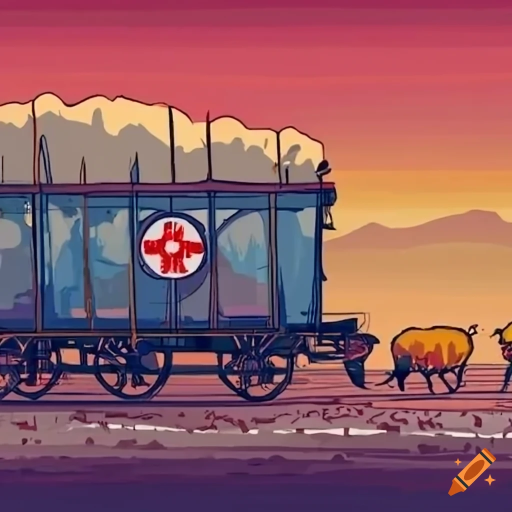 Fantasy art with a sheep pulling a train wagon