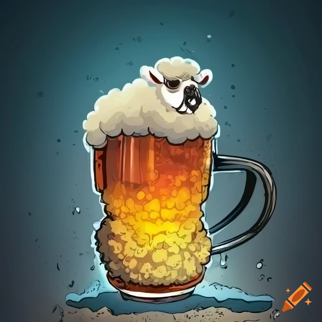 Comic illustration of a sheep with beer brewing abilities
