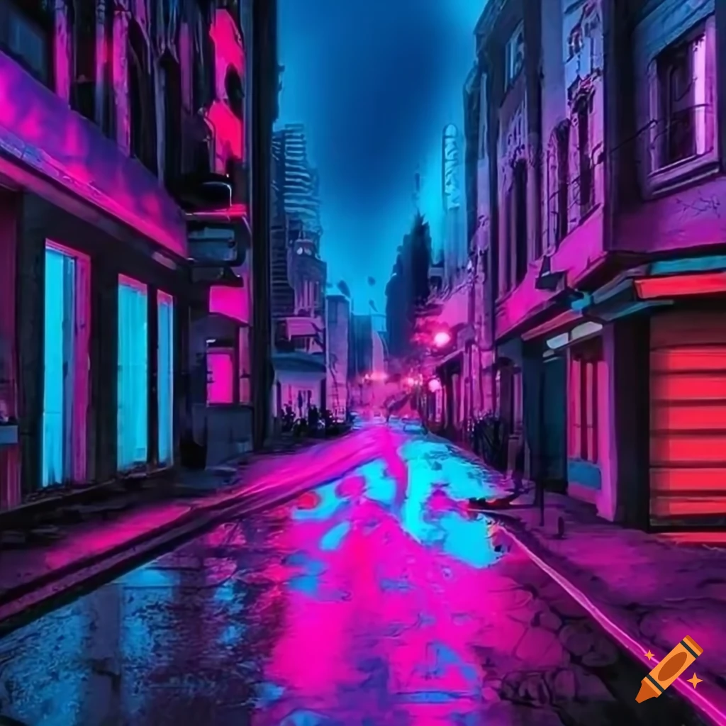 Colorful and atmospheric night street scene on Craiyon