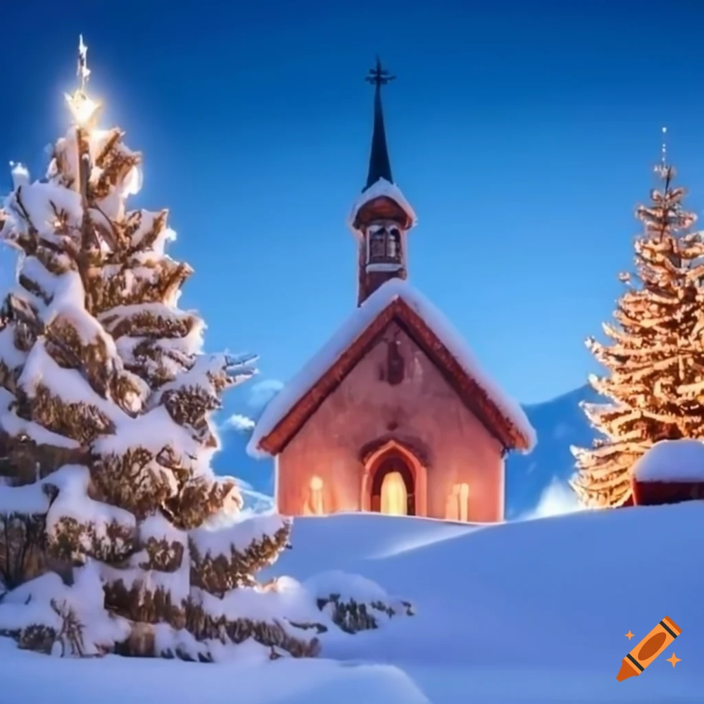 Christmas scene with snowy alps and a chapel