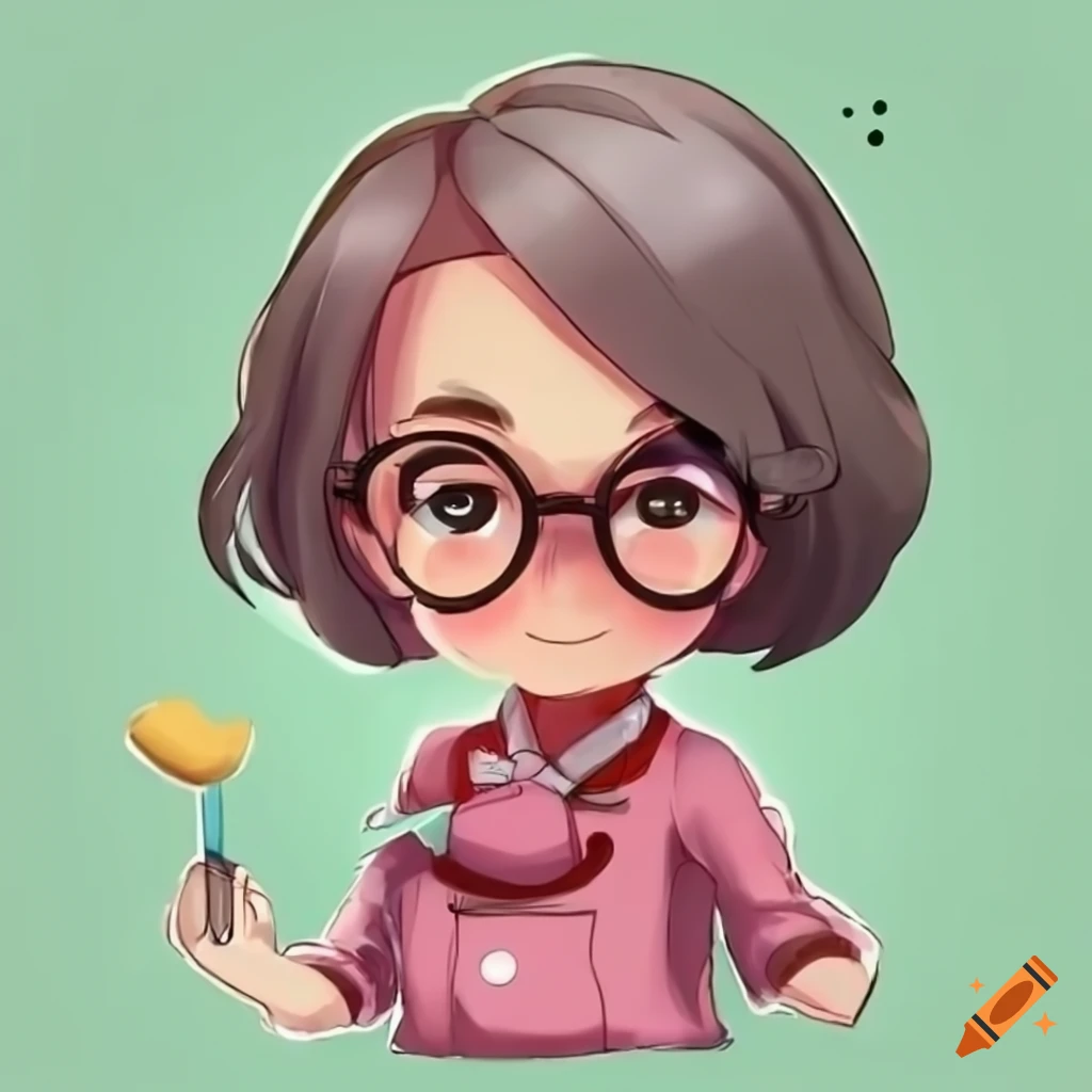 Cute chibi chef auntie with glasses and short hair on Craiyon