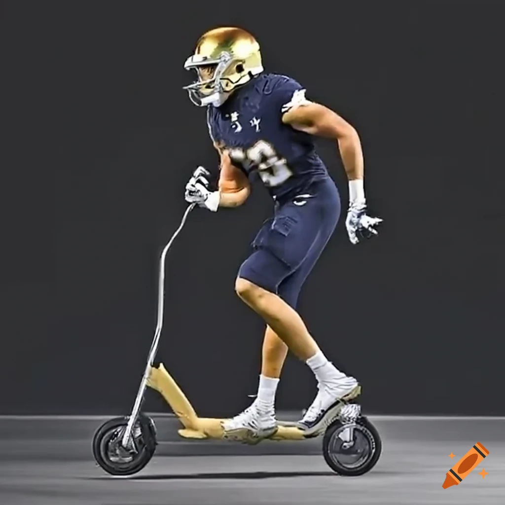 Notre dame football player catching a ball on a scooter