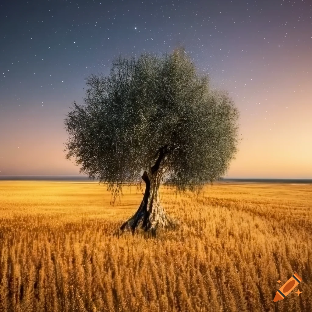 Stunning night sky with a golden field and olive tree