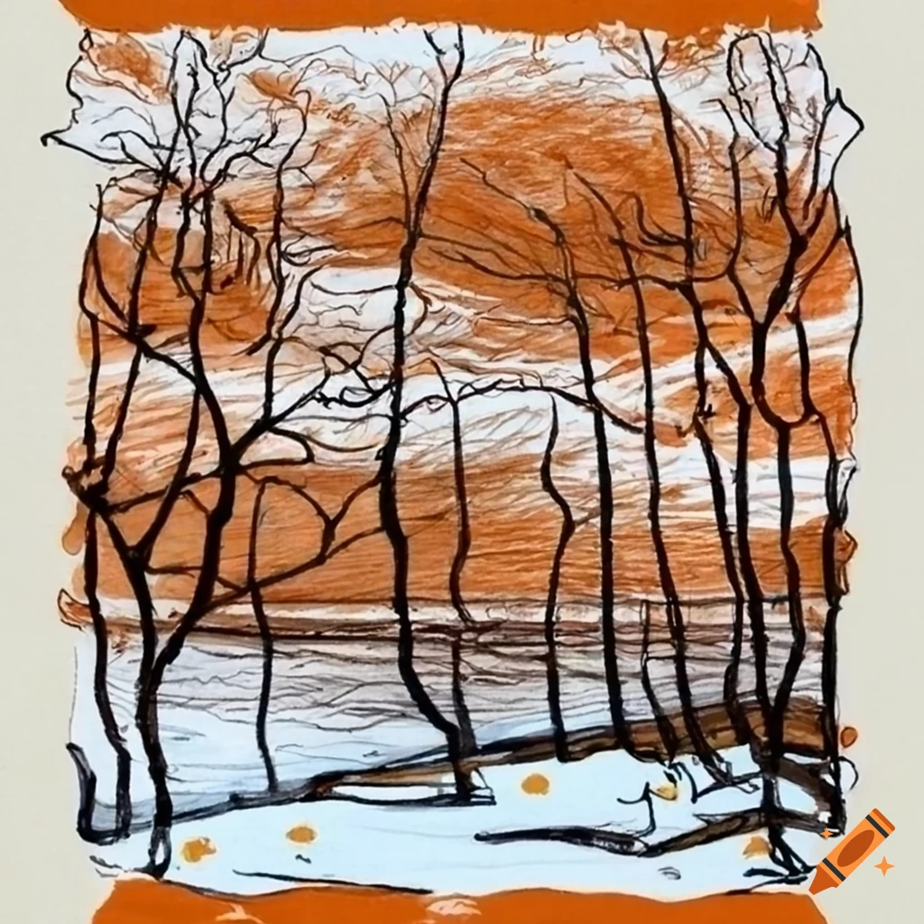 Matisse-style linocut of trees by the river in winter on Craiyon