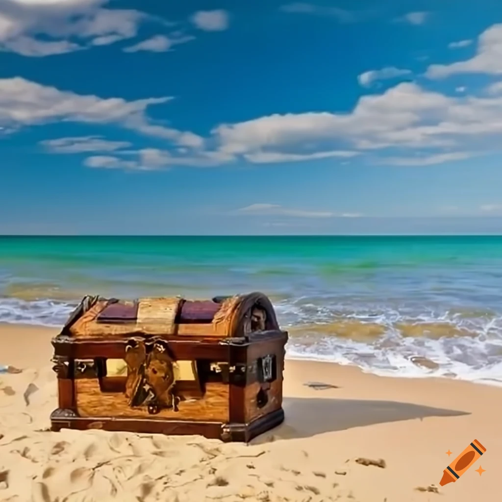 Beach scene with pirate ship and treasure chest on Craiyon