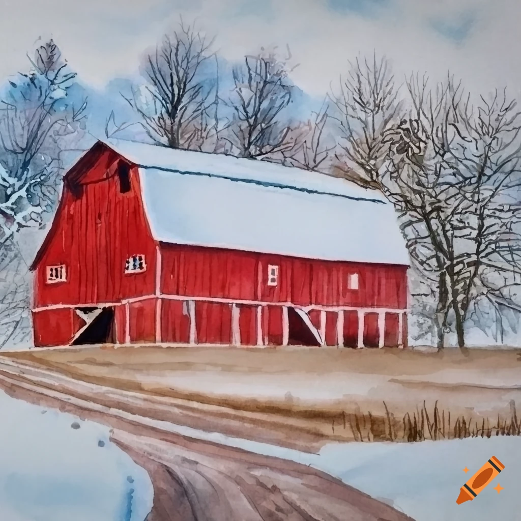Watercolor painting of a red barn in winter on Craiyon