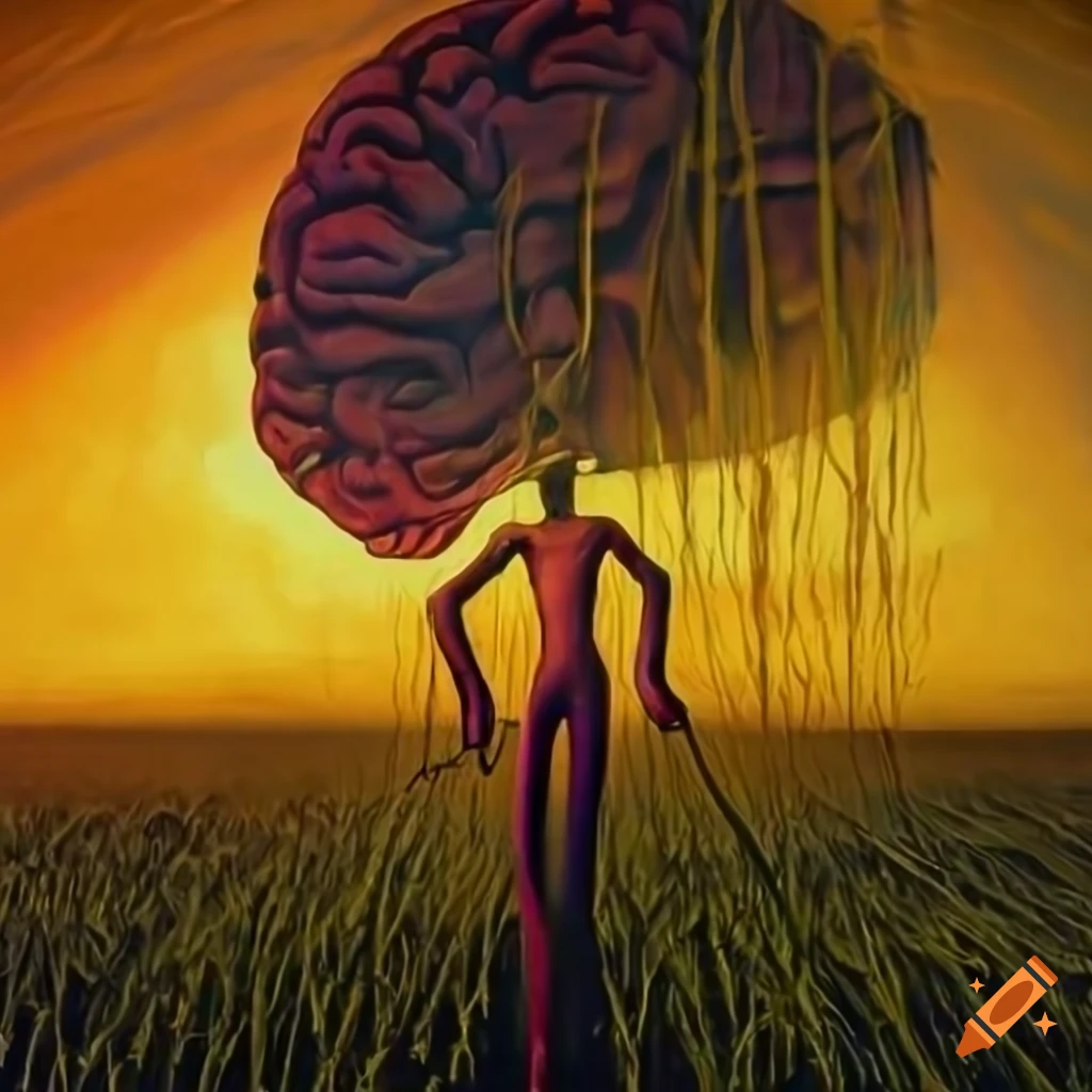 Surrealist painting of a brain with legs in a wheat field on Craiyon