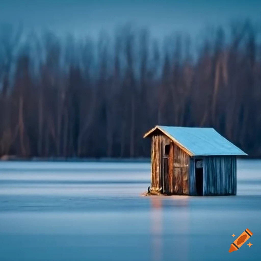 A small shack on a frozen lake on Craiyon