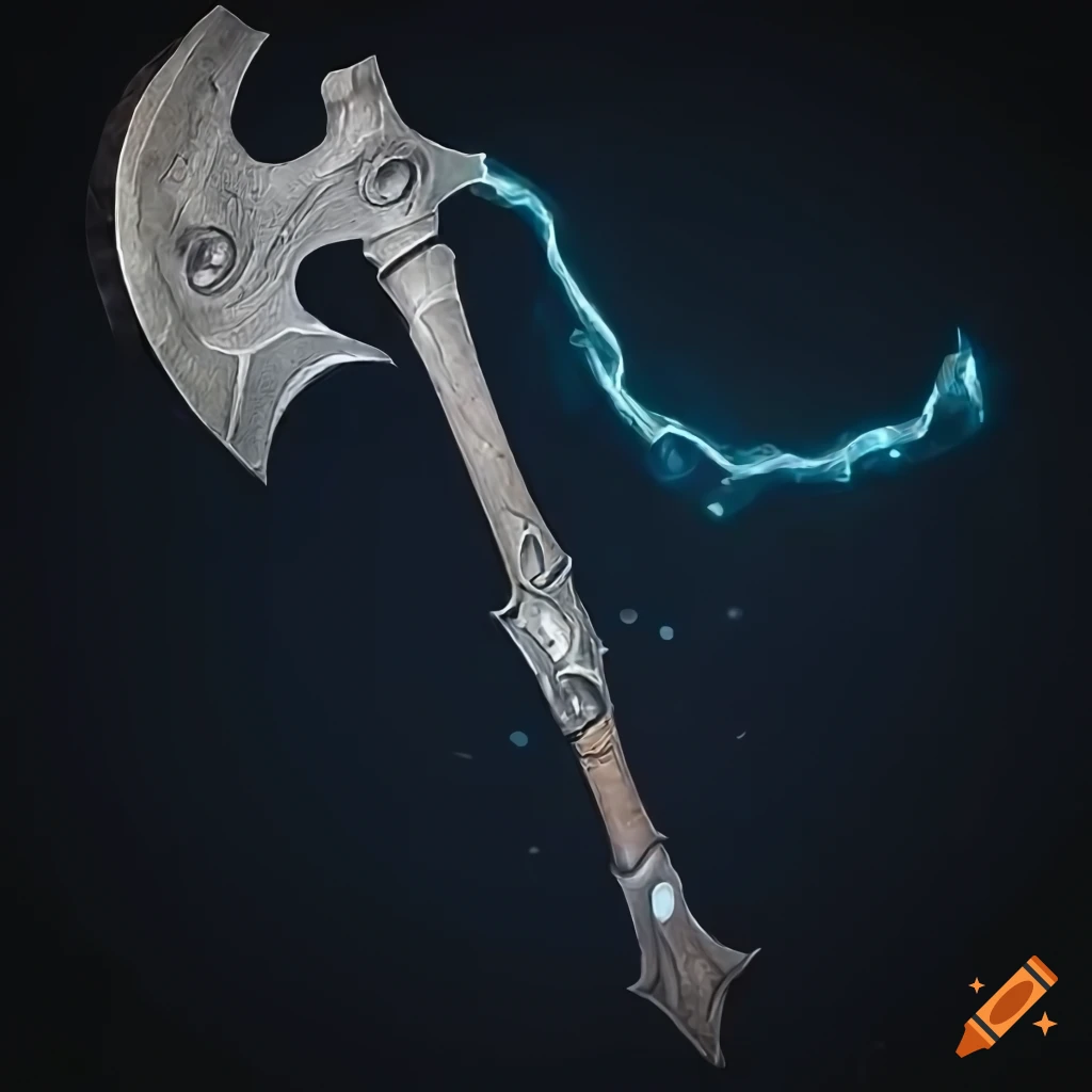 Artistic illustration of a magical battle axe on Craiyon