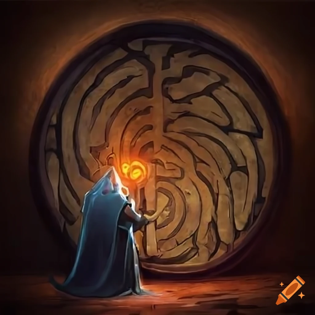 Illustration of a wizard creating a magic shield around a labyrinth