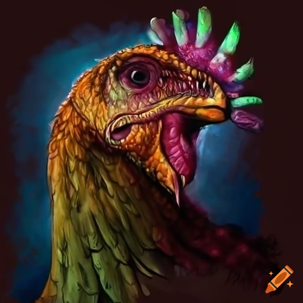 Intricate drawing of a black chicken with curly feathers on Craiyon