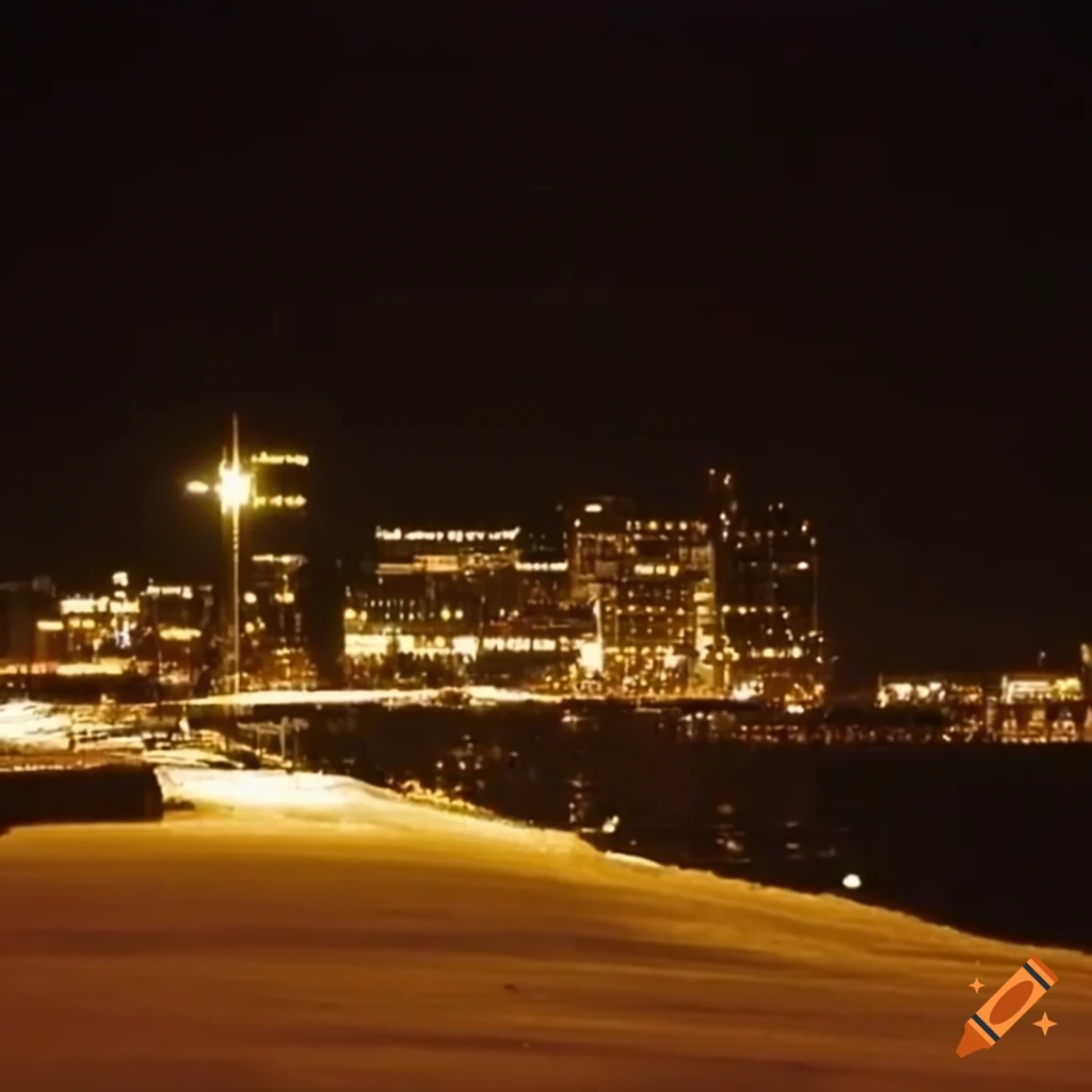 35mm film of Green Bay cityscape in snowy night on Craiyon