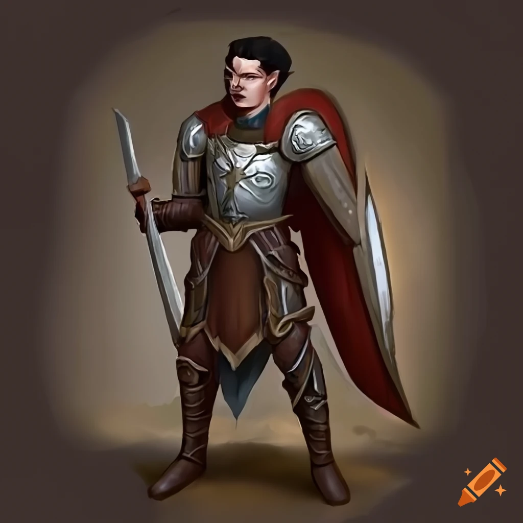 Image of a male half-elf paladin with a shield and lance on Craiyon