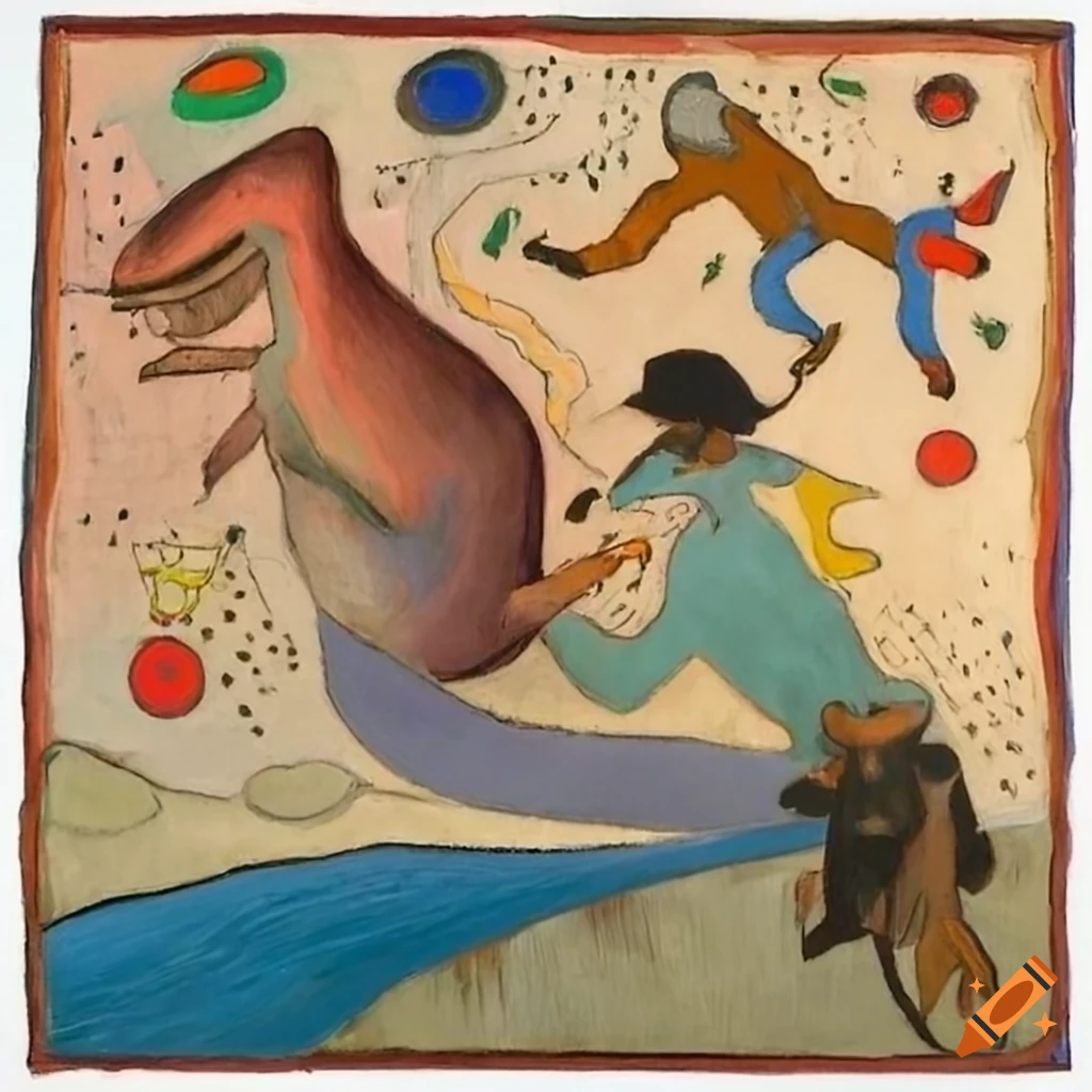 Painting of a t-rex fighting a cowboy in a wild-west rodeo scene on Craiyon