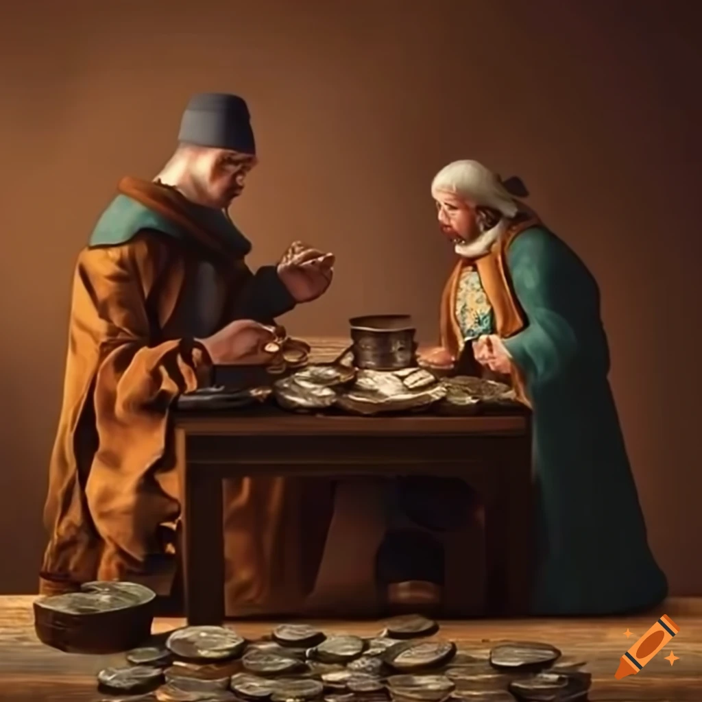 Medieval artwork of two men conducting financial transactions
