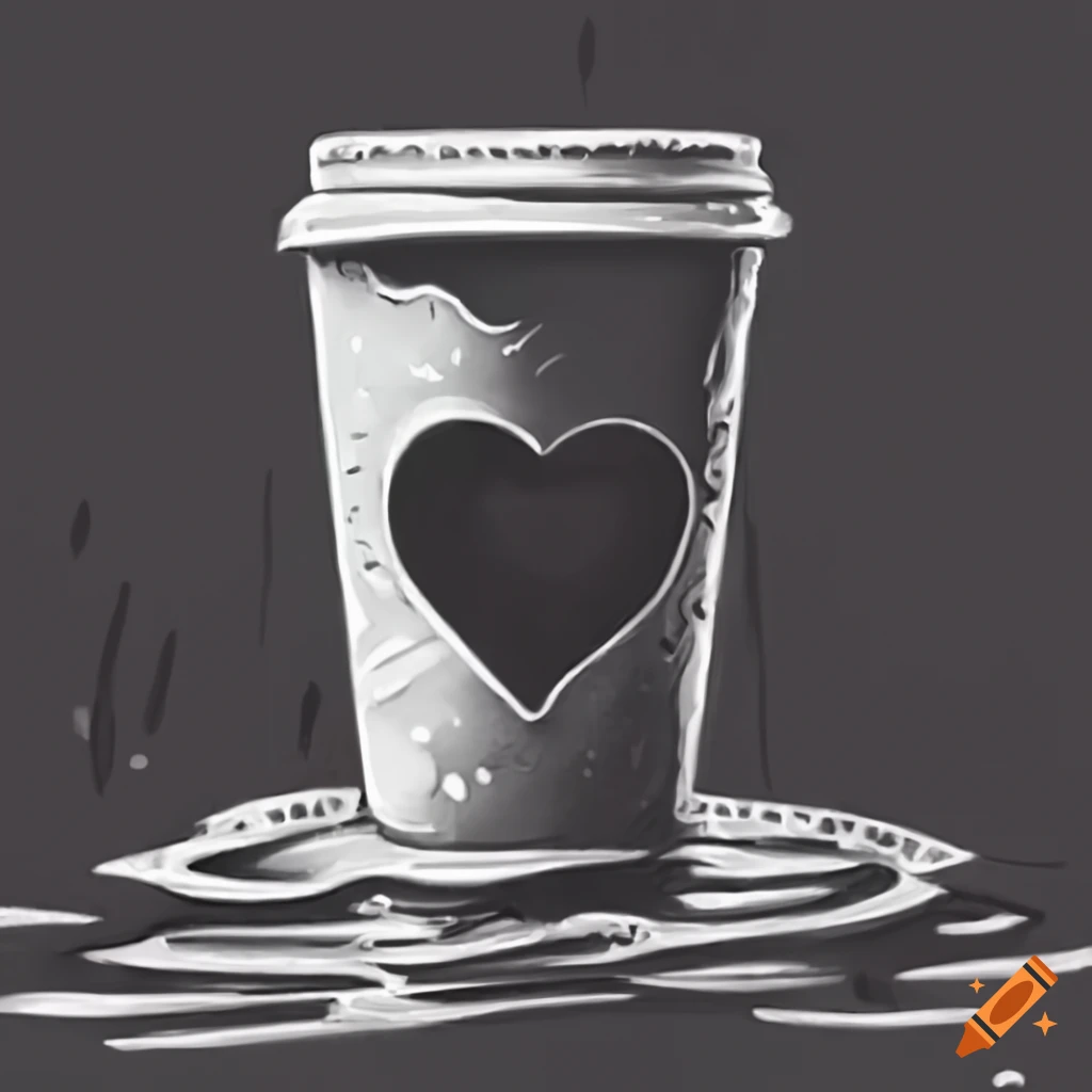 Pencil drawing of a disposable cup with a heart in a puddle on Craiyon