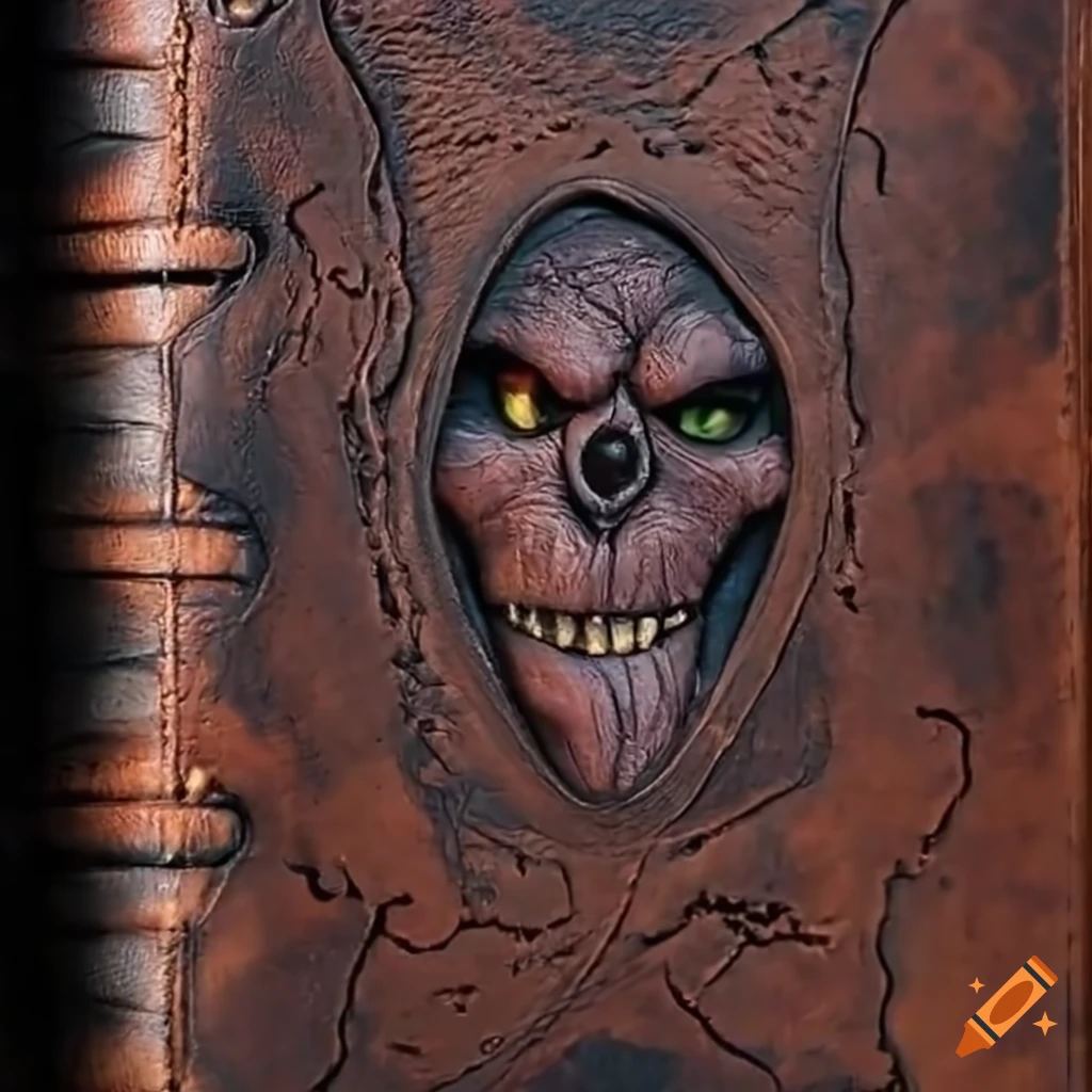 Drawing of an ancient leather tome with a scary face on the cover on ...