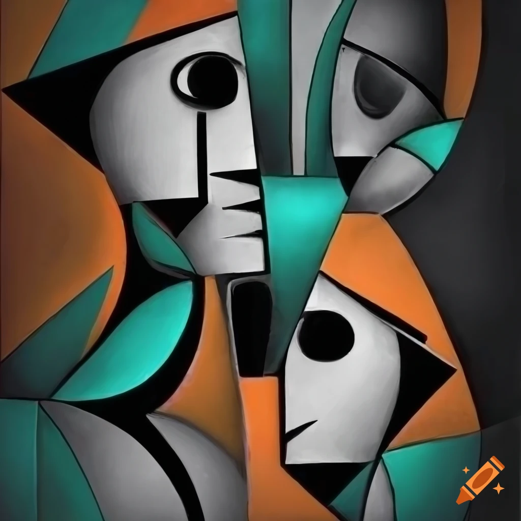 Surrealistic cubist black and white scribbles with red, yellow, and ...