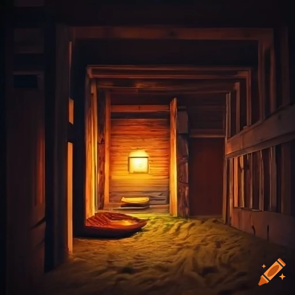 Nighttime interior of a small barn with a bed roll on the floor on Craiyon