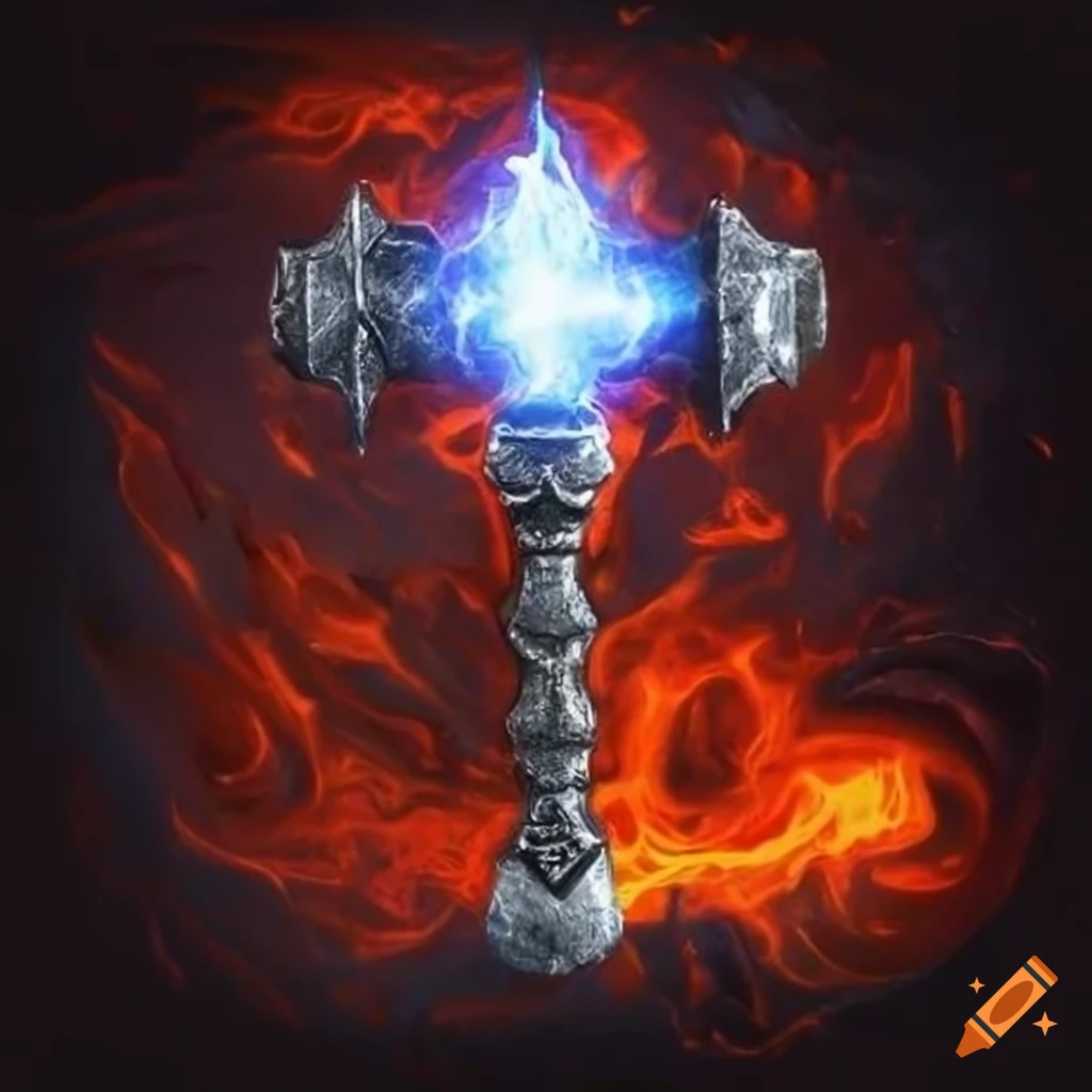 Silver heroic fantasy hammer with lightning on volcanic background