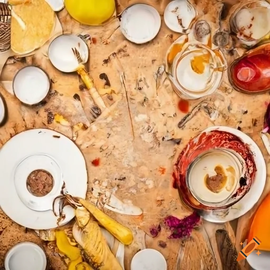Untidy table with scattered food and dirty dishes on Craiyon