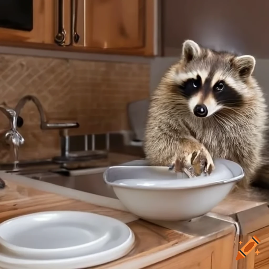 Raccoon washing dishes in kitchen sink on Craiyon
