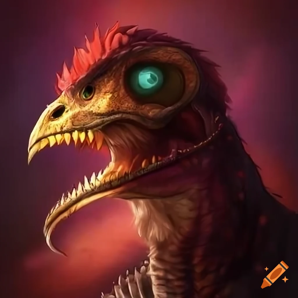 Illustration of a monster chicken dinosaur on Craiyon