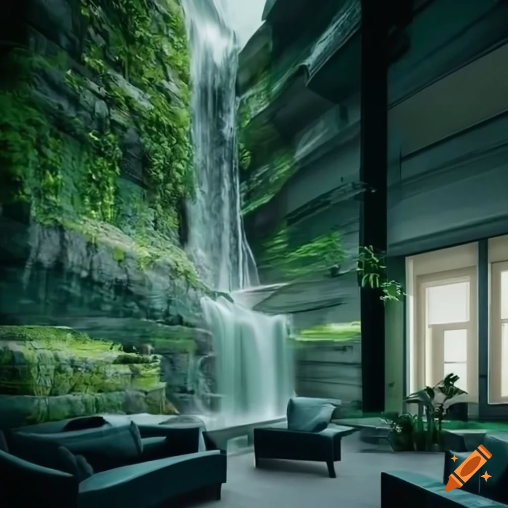 Indoor waterfall feature in a public atrium on Craiyon