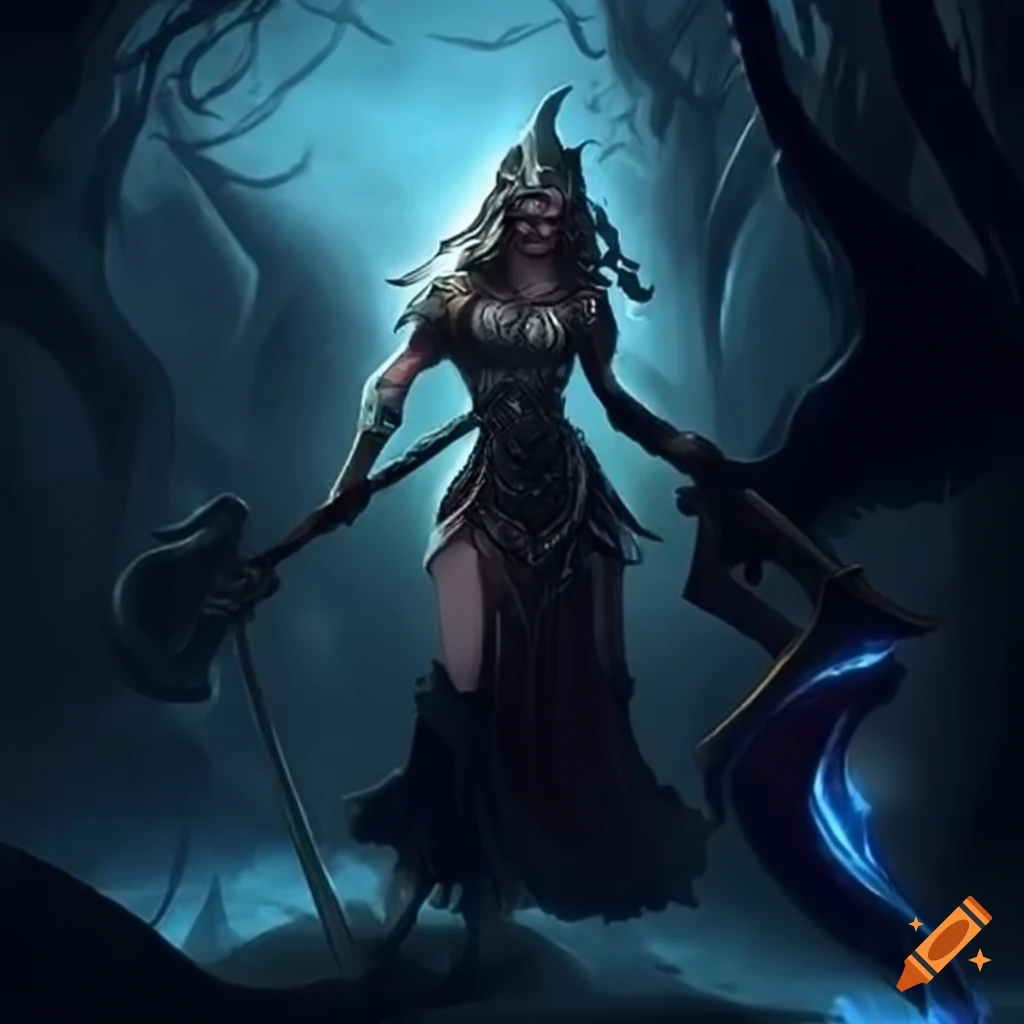 Image of a telepathic greek goddess with a scythe