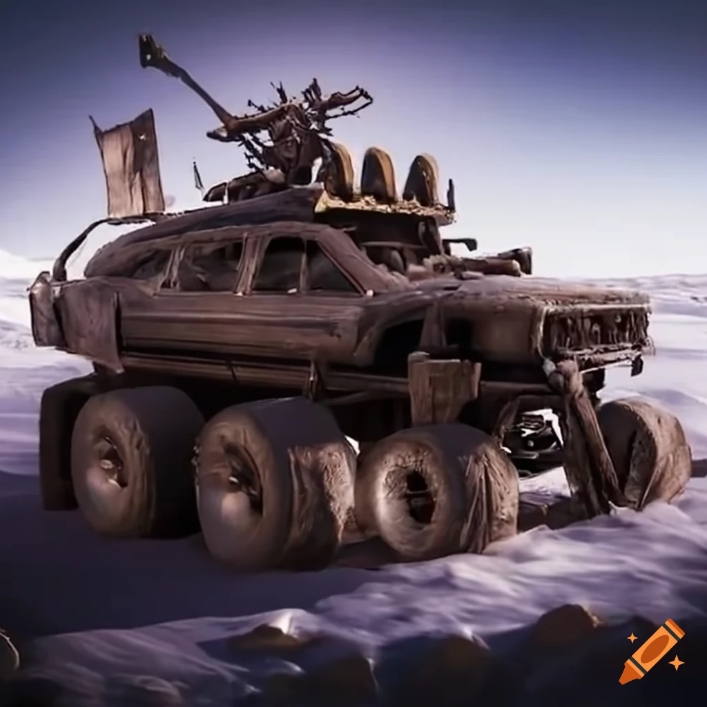 Orc driving a mad max vehicle in the snow