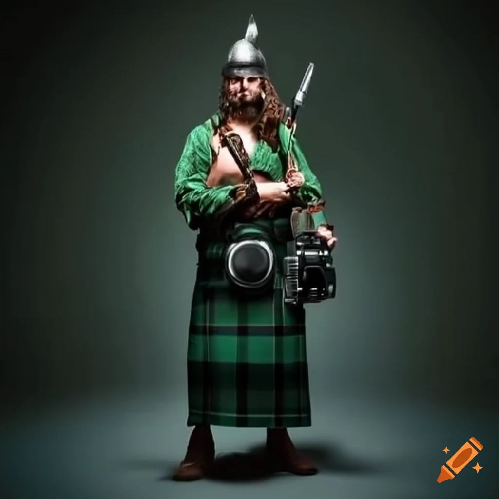 Cosplay of a scottish warrior with a microphone and camera on Craiyon