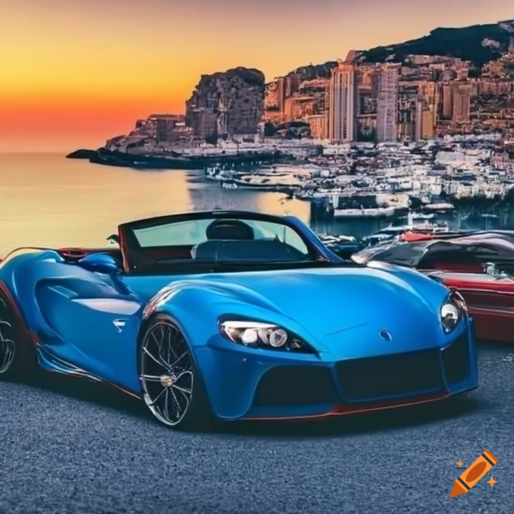 Expensive blue roadster near the bay in monaco on Craiyon