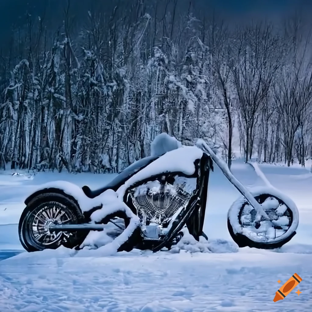 Winter landscape with snow-covered chopper motorcycles