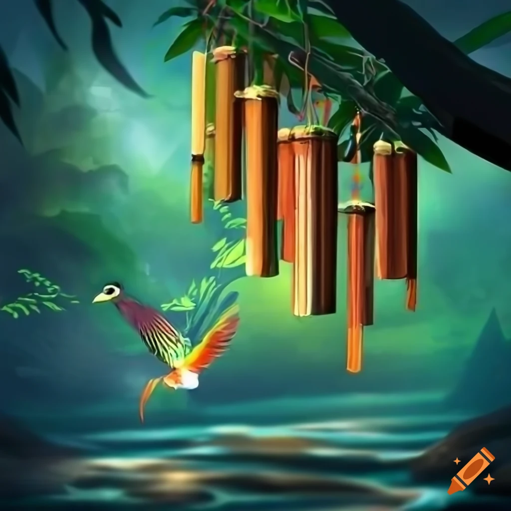 Colorful bird and bamboo wind chimes in the jungle on Craiyon