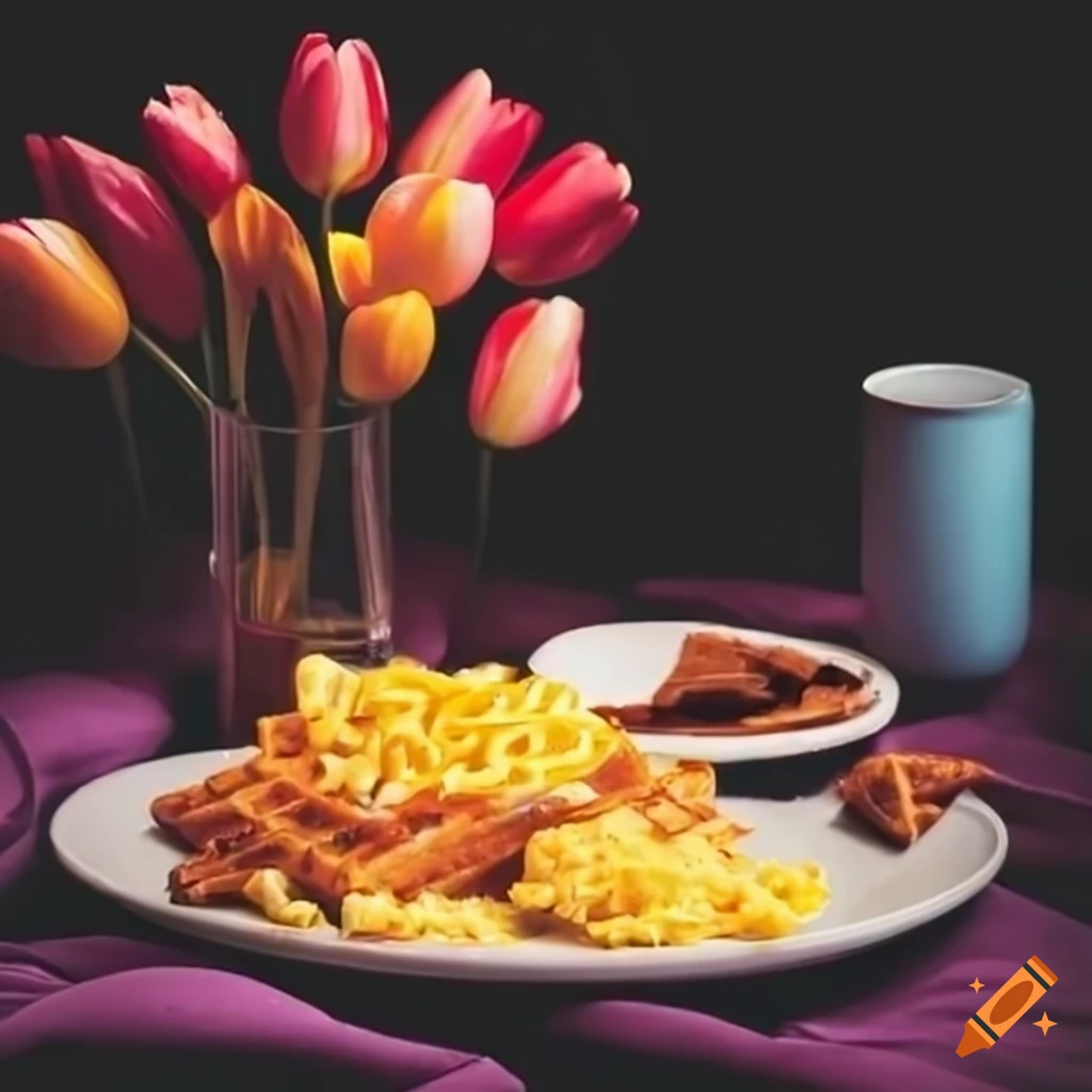 Cozy and romantic breakfast in bed with pancakes, donuts, coffee, and ...