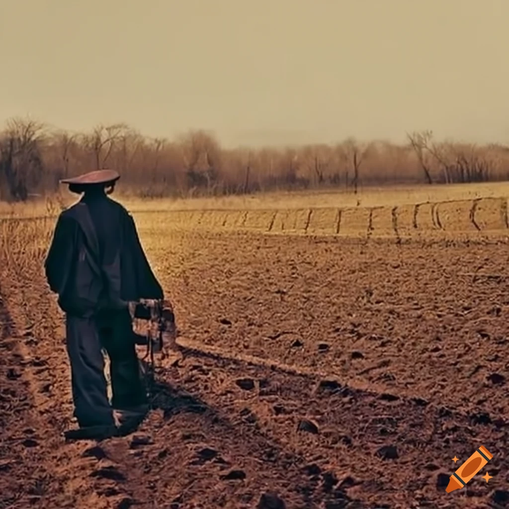 Farmers walking in a vast field carrying bucket yokes in vintage style ...