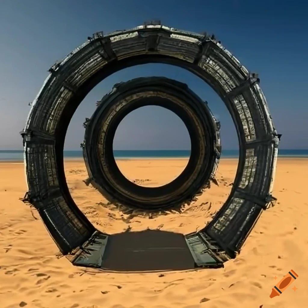Black stargate on a sunny beach on Craiyon