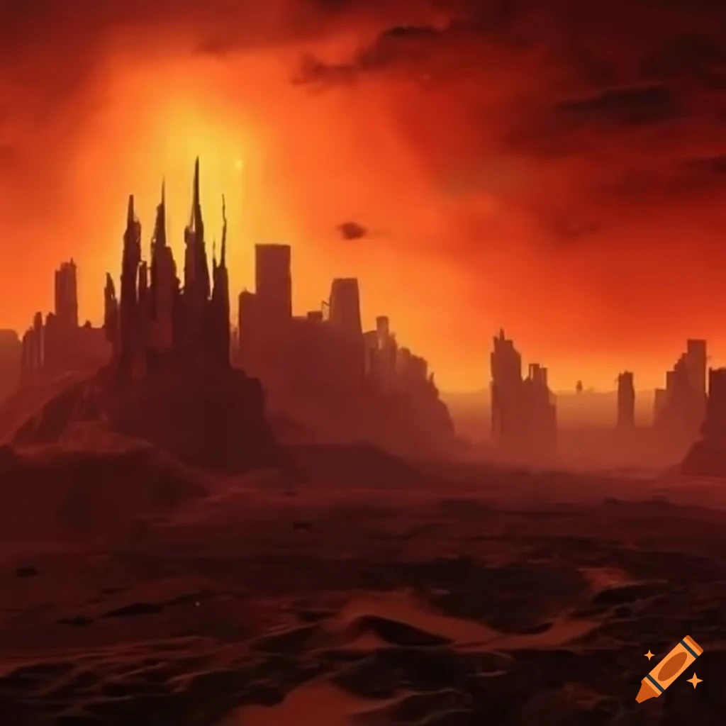 View of a red desert with a towering infernal city on Craiyon