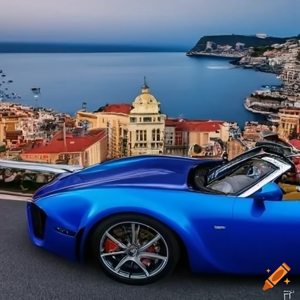 Expensive blue roadster near the bay in monaco on Craiyon