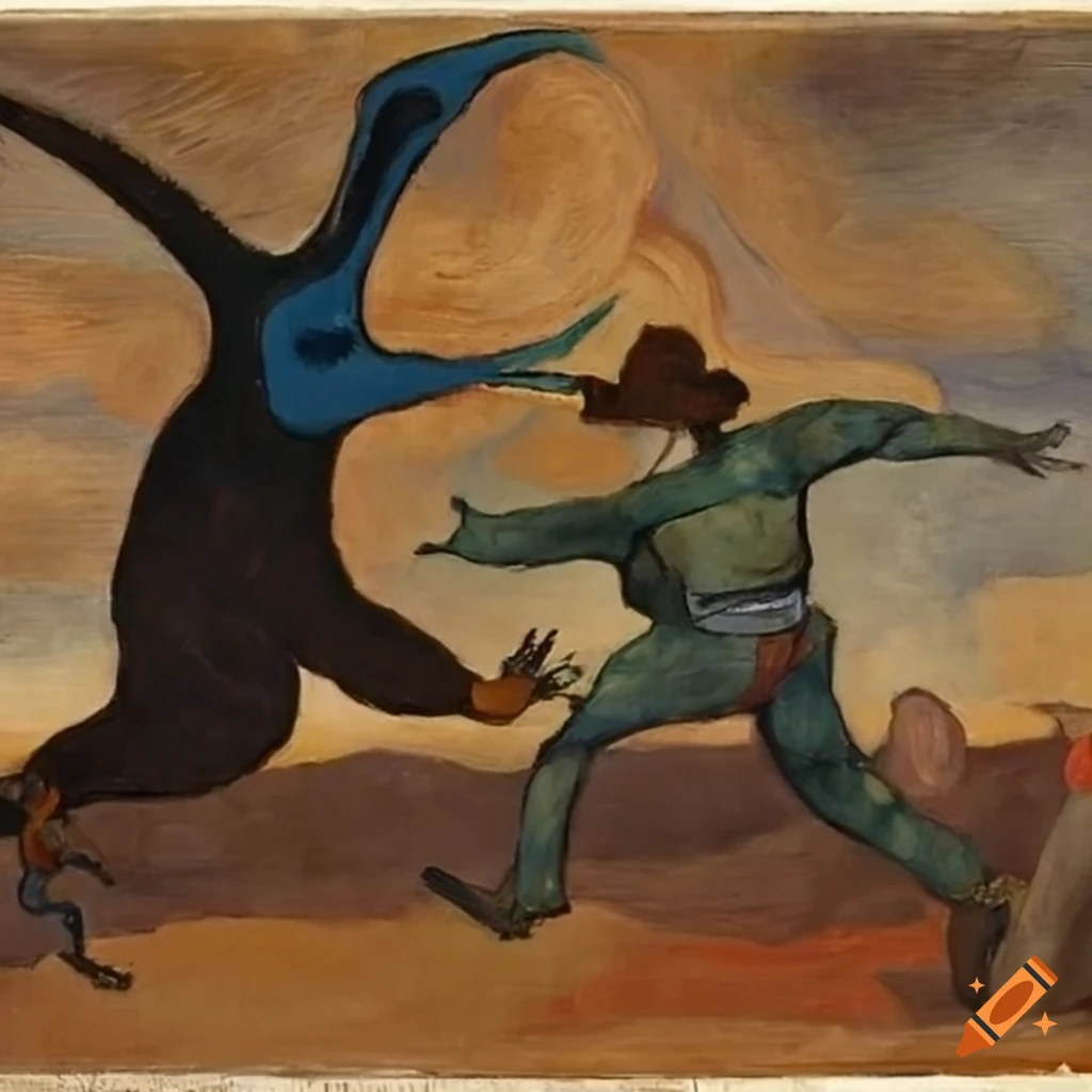 Painting of a pterodactyl fighting a cowboy in a Wild-West rodeo on Craiyon