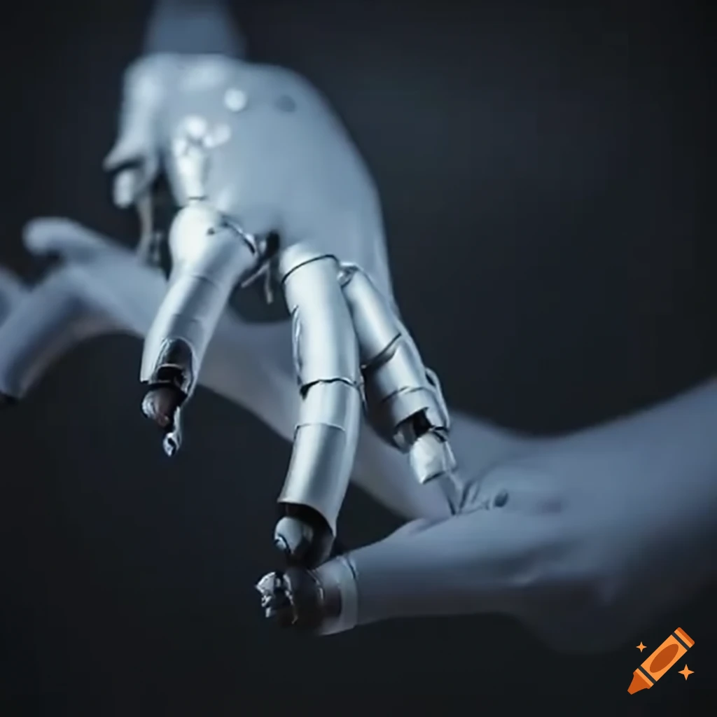 Artistic depiction of an angel reaching out to a robot hand on Craiyon