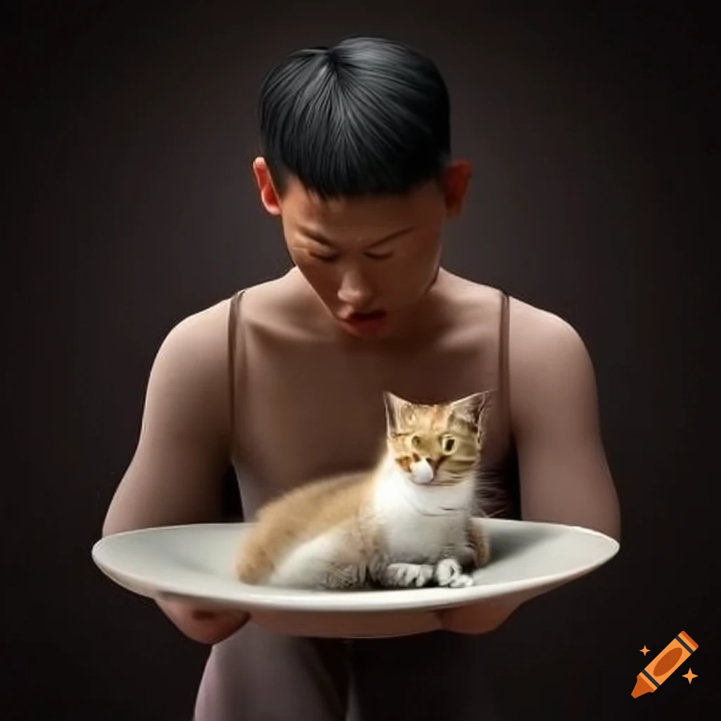 Chinese man with a cat on a plate on Craiyon