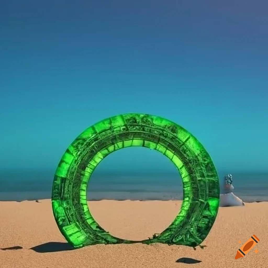 A green colored stargate standing in the middle of a beach with a ...