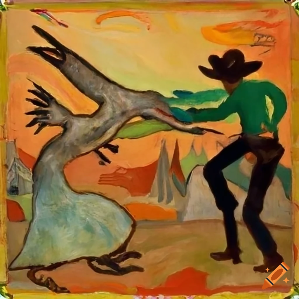 Painting of a pterodactyl fighting a cowboy in a Wild-West rodeo on Craiyon