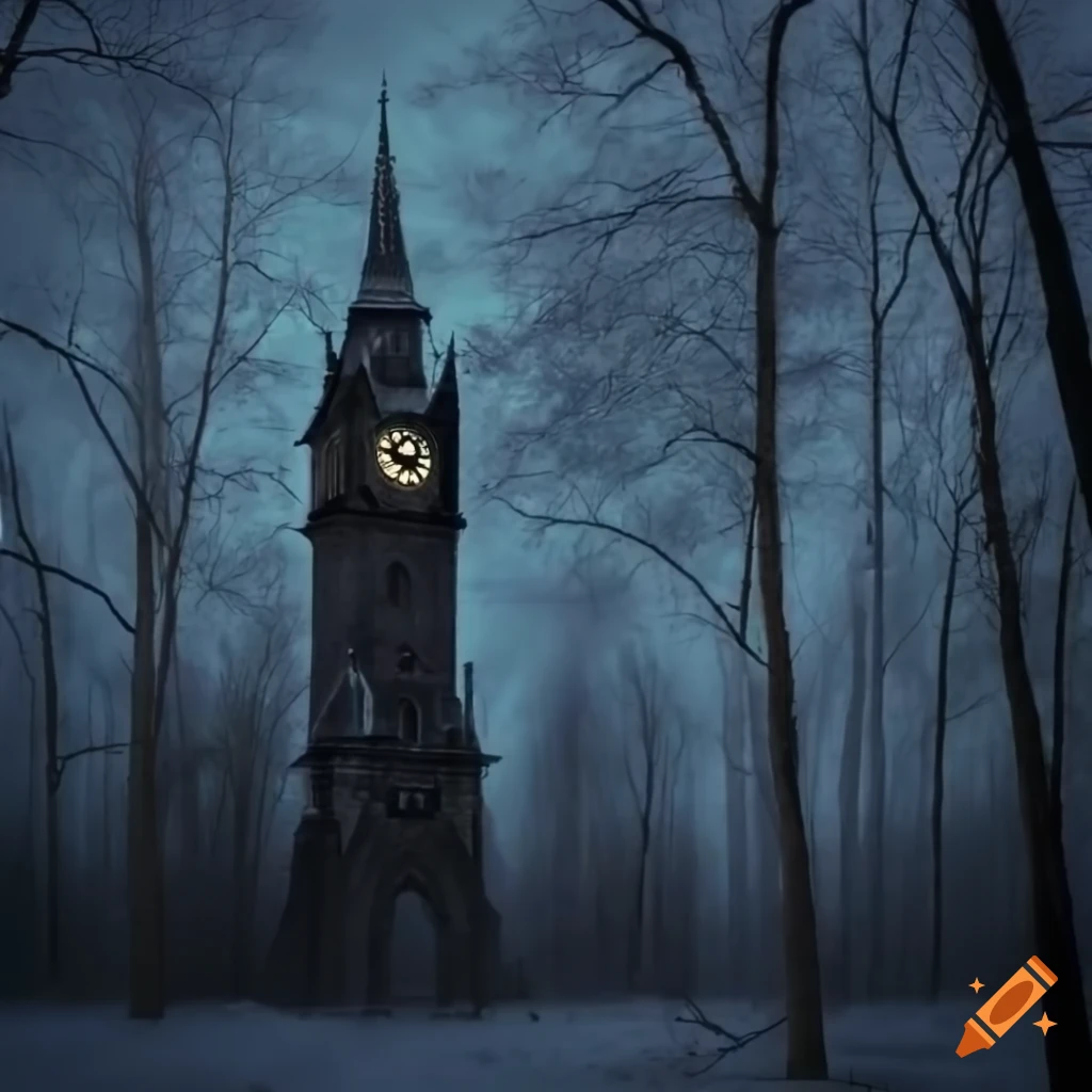 Photorealistic forest night scene with clock tower and ravens on Craiyon