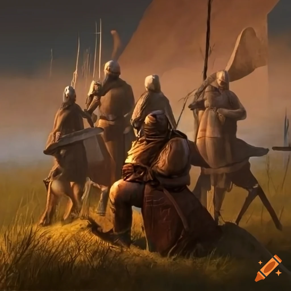 Medieval painting of two armies on a hill and in a valley