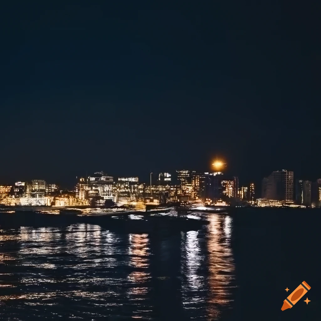 Night view of a glowing coastal city from a boat on Craiyon