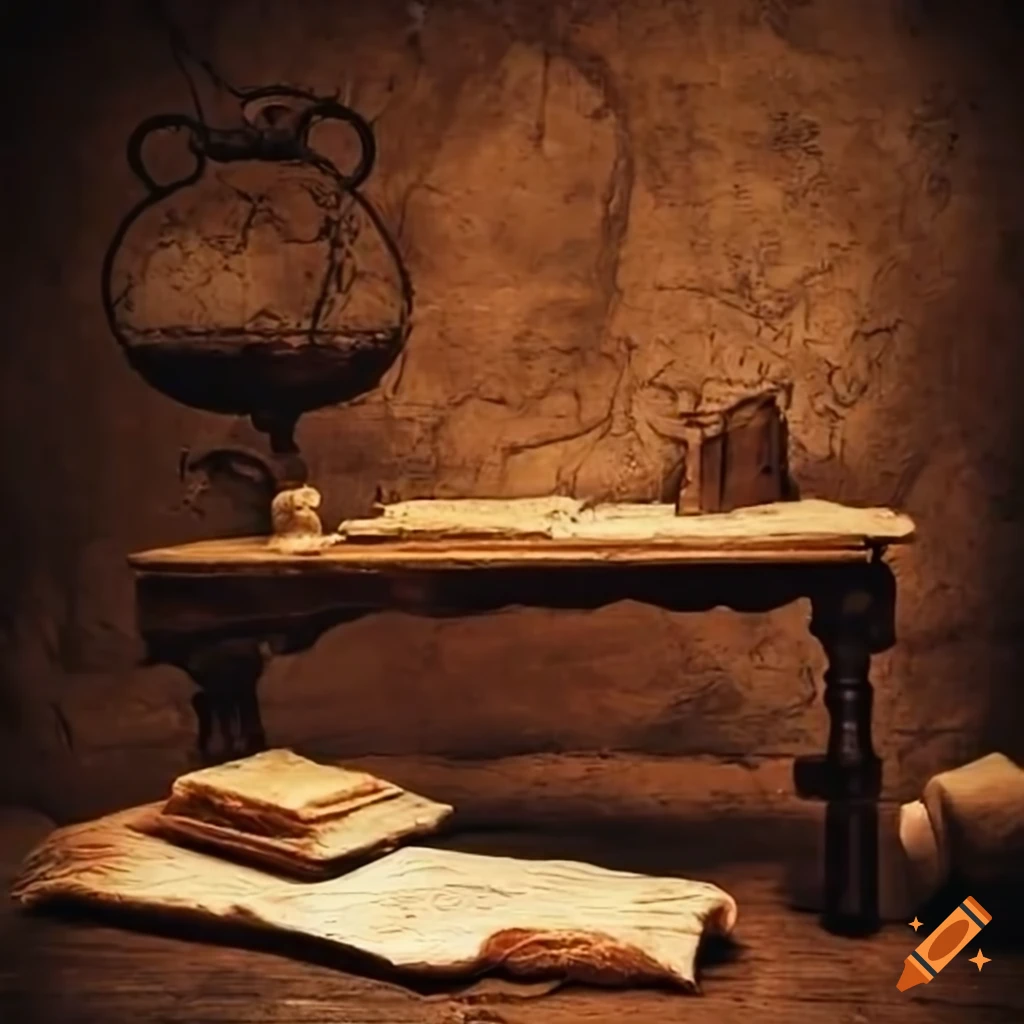 Ancient desk with a scroll in a messy and crowded setting on Craiyon